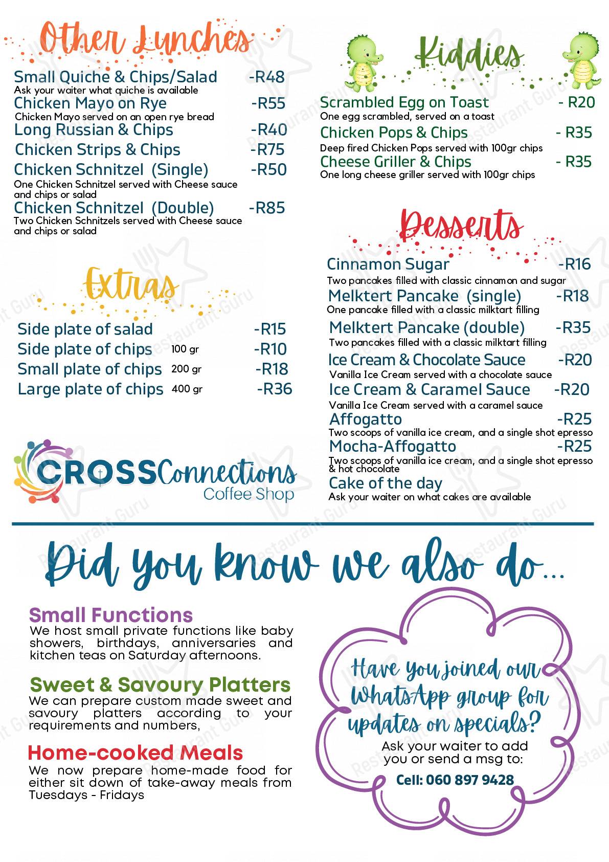 Menu at Cross Connections Coffee Shop, Sasolburg