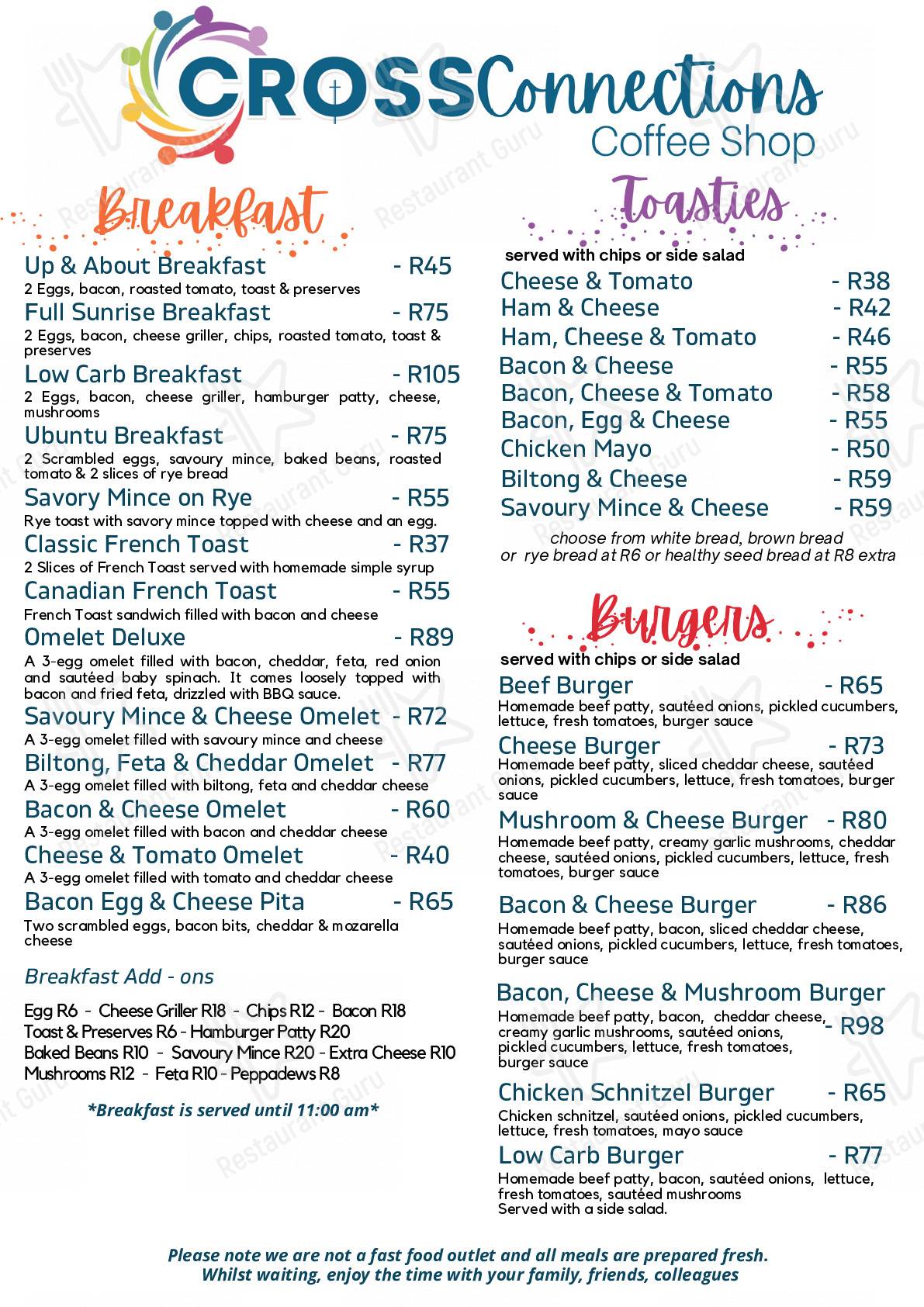 Menu at Cross Connections Coffee Shop, Sasolburg