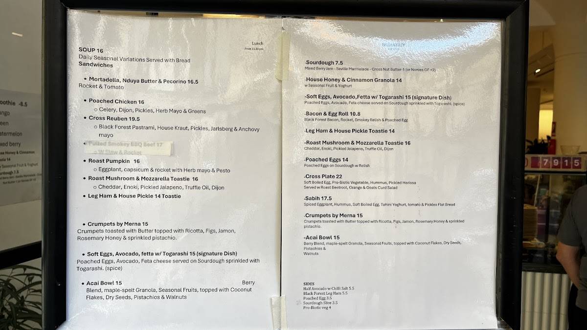 Menu at Cross Eatery. cafe, Sydney