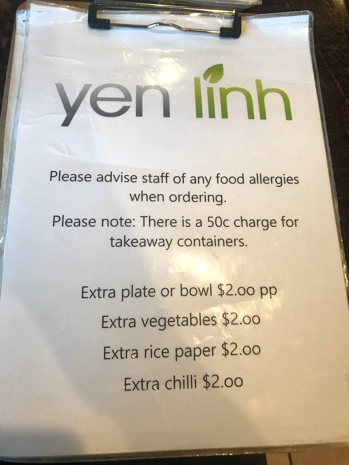 Menu at Yen Linh restaurant, Croydon Park, 131 Days Rd