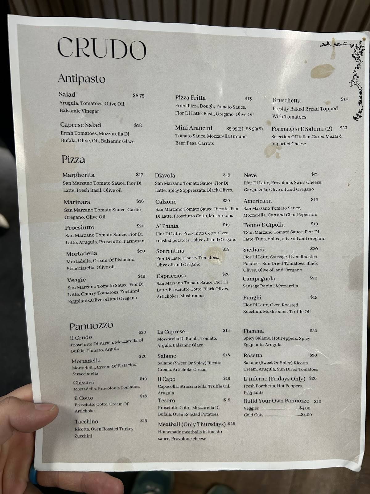 Menu at Crudo Pizza & Panuozzo pizzeria, Toronto