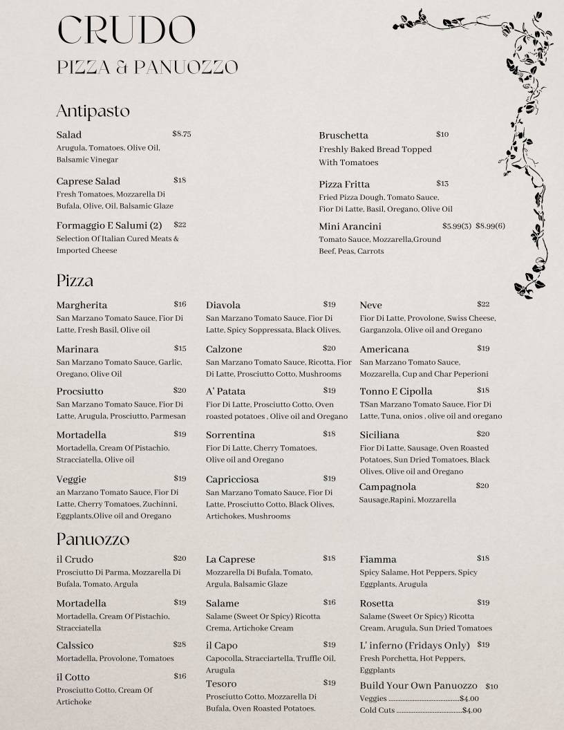 Menu at Crudo Pizza & Panuozzo pizzeria, Toronto