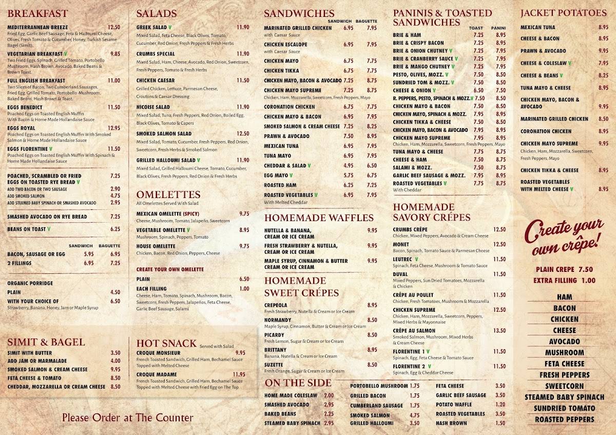 Menu at Crumbs cafe, Gerrards Cross