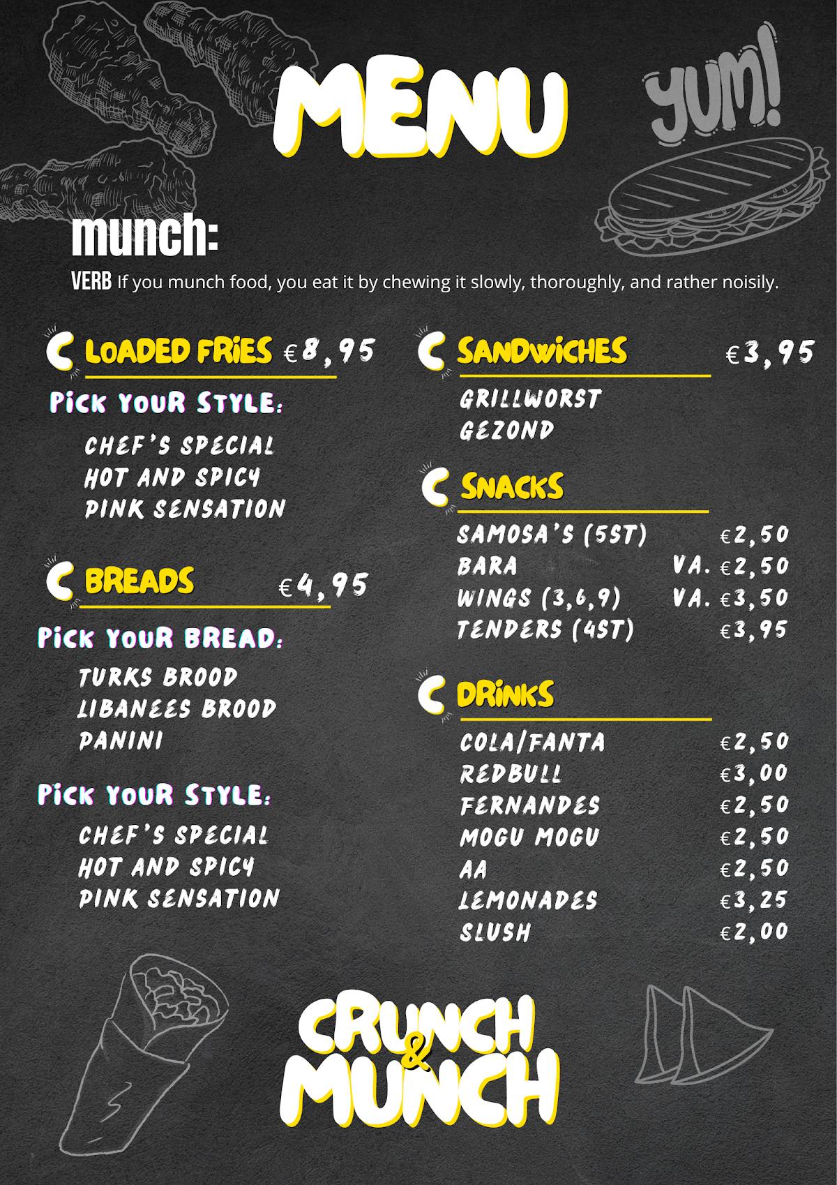 Menu at Crunch & Munch, Haarlem