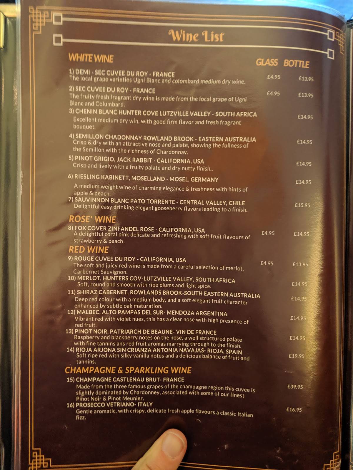Menu at Crystal Palace restaurant, Oban