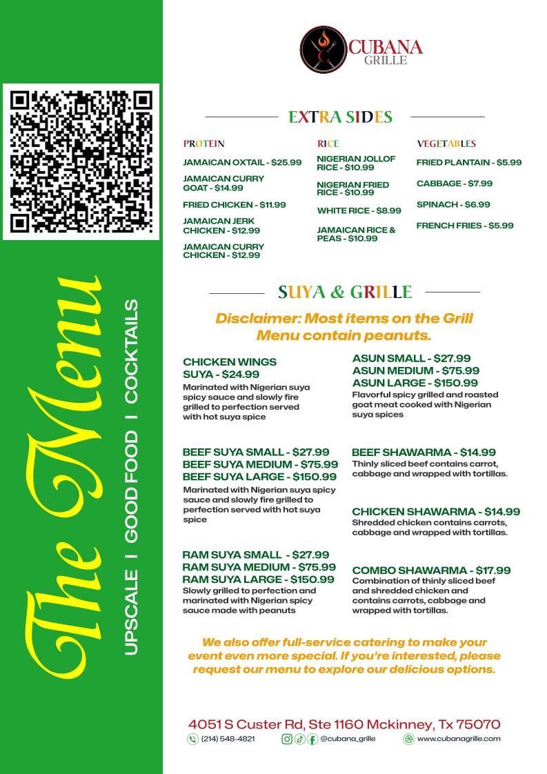 Menu at Cubana Grille African & Jamaican Restaurant in Dallas Texas ...