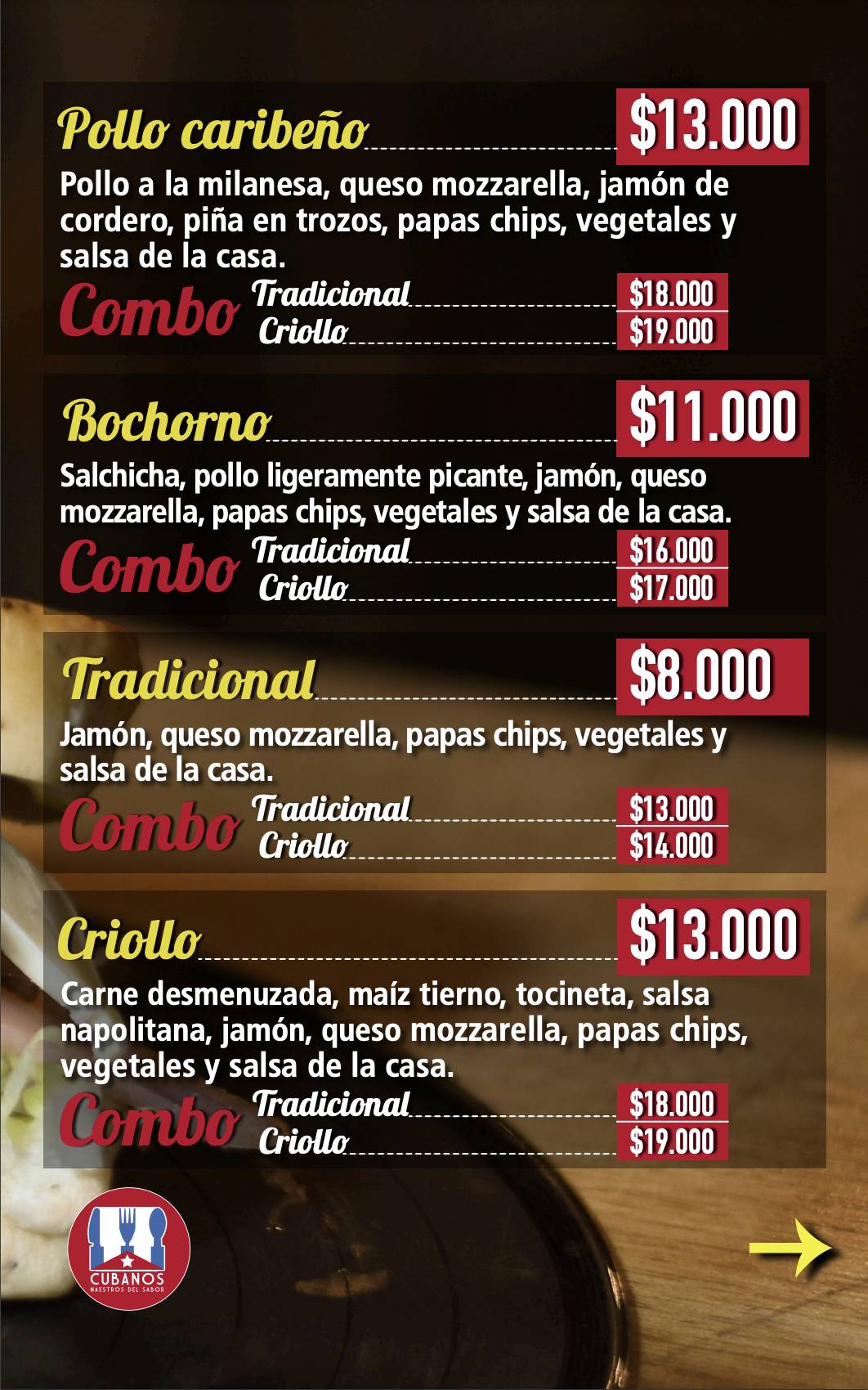 Menu at Cubanos "Maestros del Sabor" restaurant, Bogotá