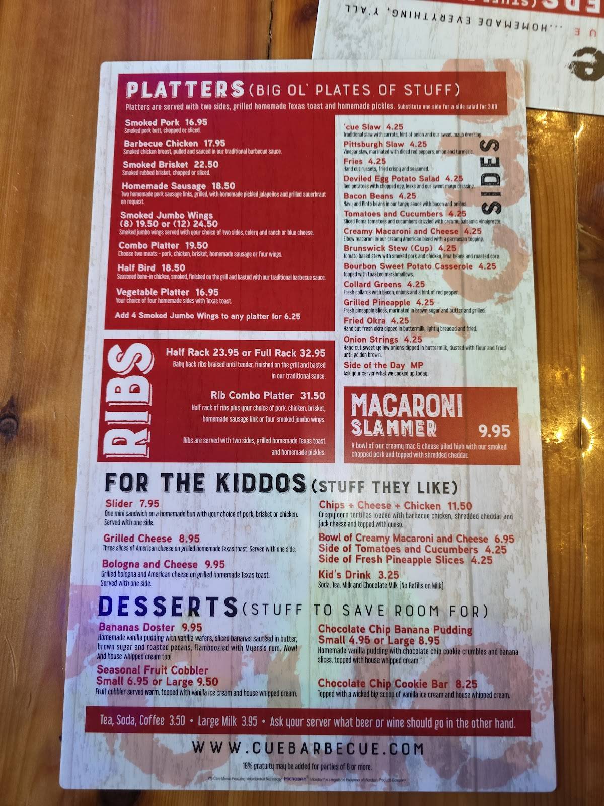 Menu at Cue Barbecue, Norcross