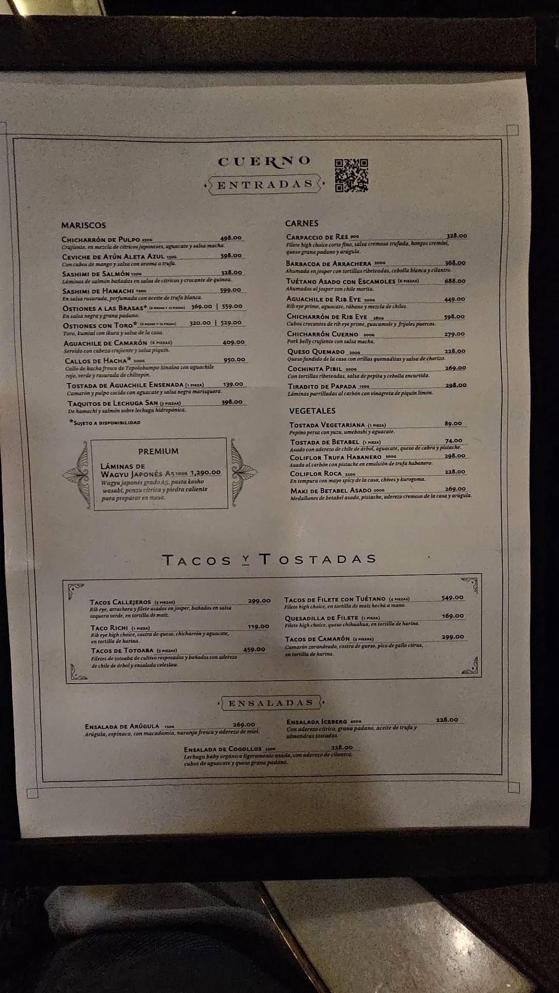 Carta de parrilla Cuerno Andares, Guadalajara