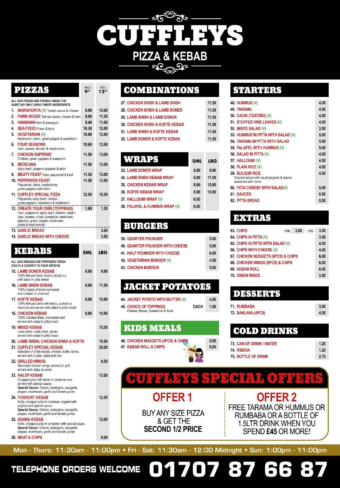 Menu at Cuffley Kebab pizzeria, Cuffley