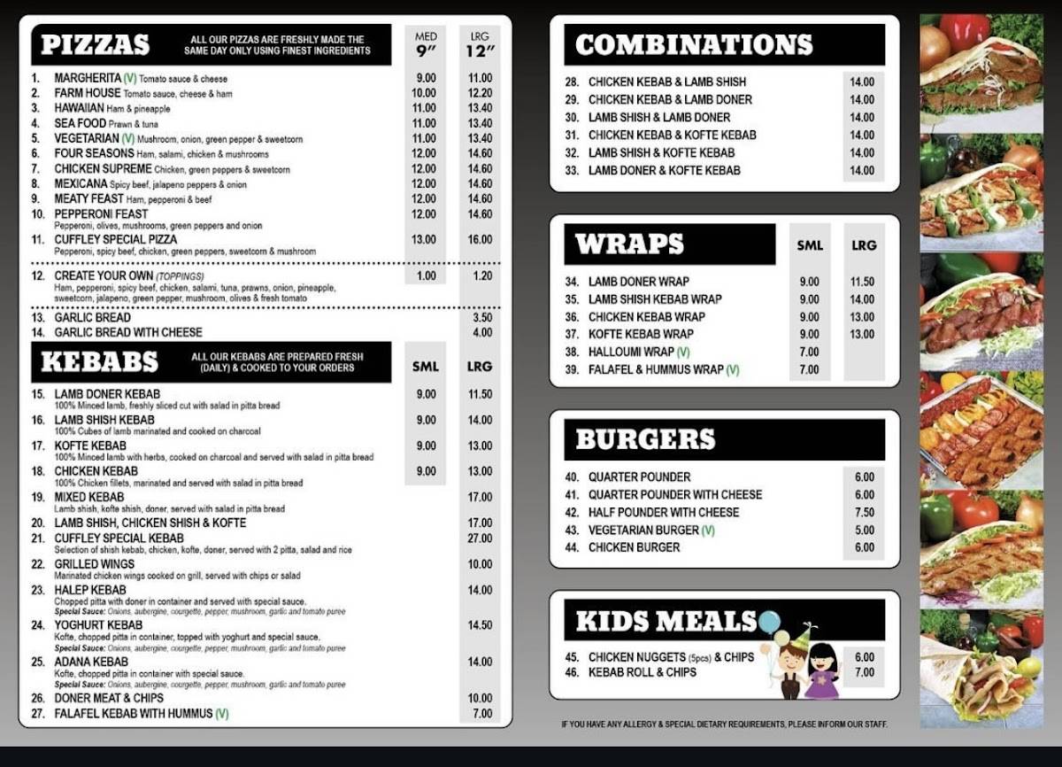 Menu at Cuffley Kebab pizzeria, Cuffley