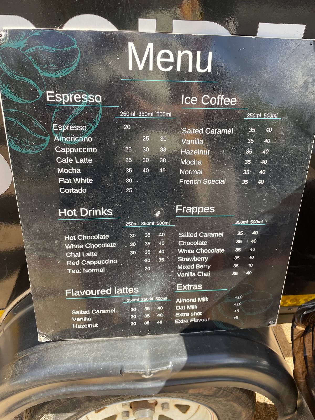 Menu at Curbside Coffee, Stellenbosch