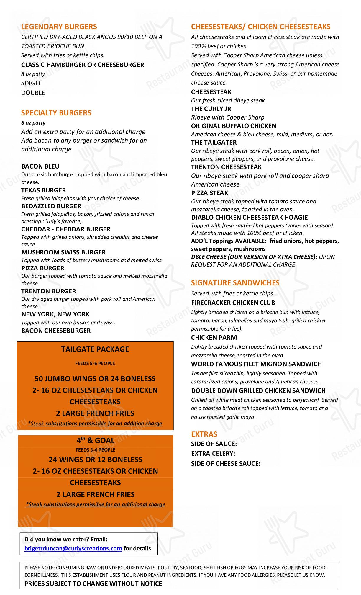 Menu at Curly’s Comfort Foods restaurant, Levittown