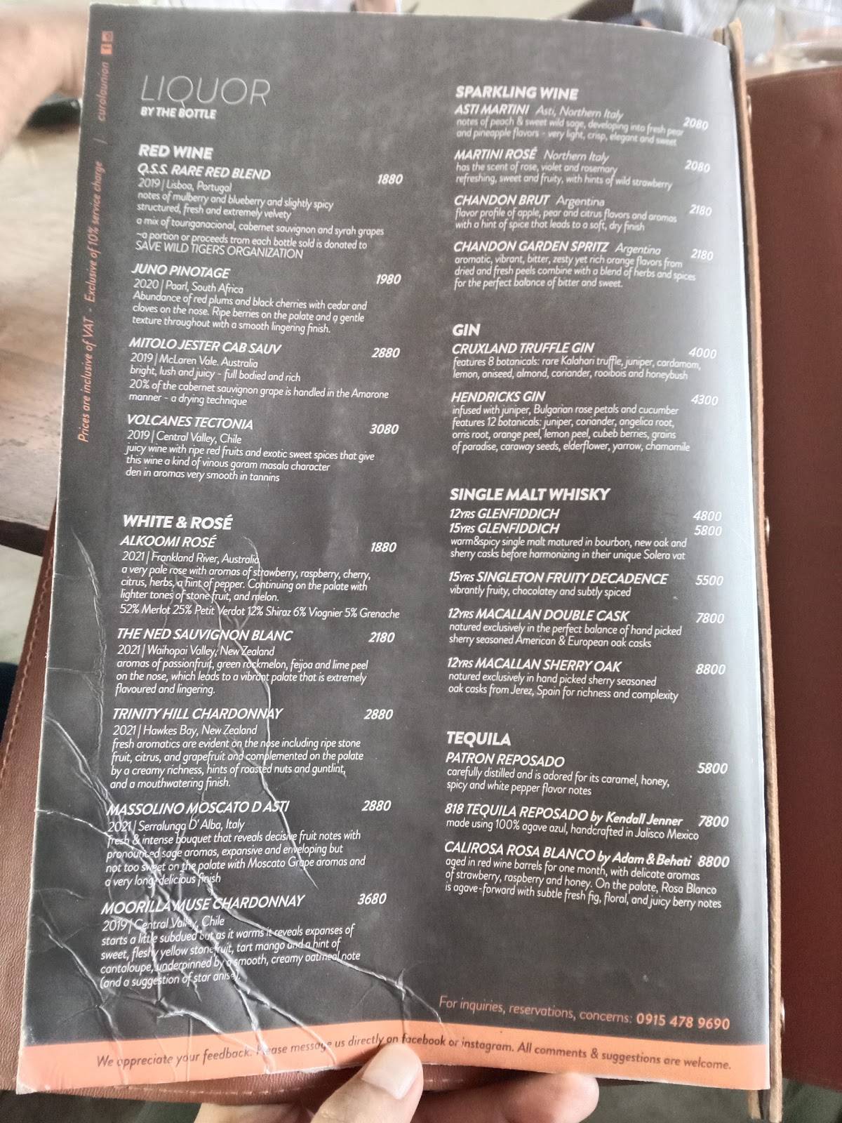 Menu at Curo La Union restaurant, San Juan