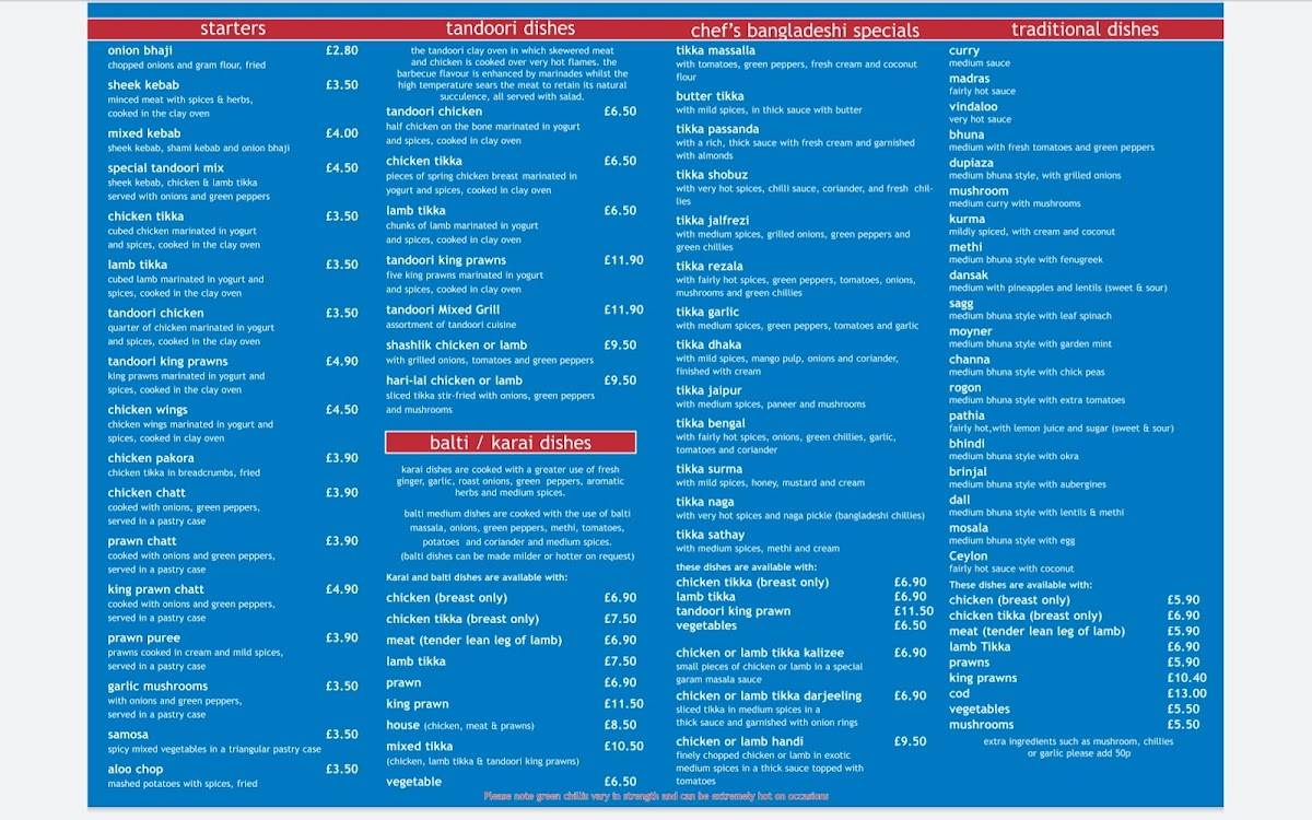 Menu at Curry Mahal Restaurant, Barnsley