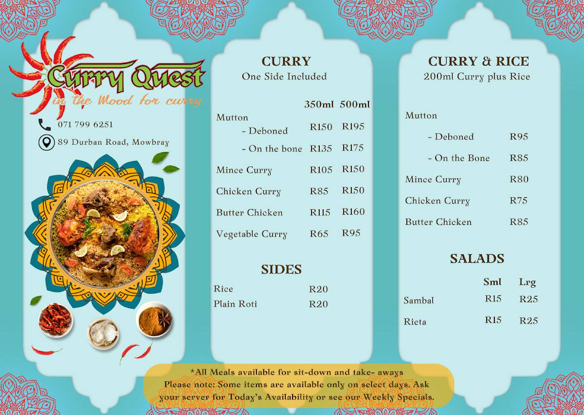 Menu at Curry Quest restaurant, Cape Town, 89 Durban Rd