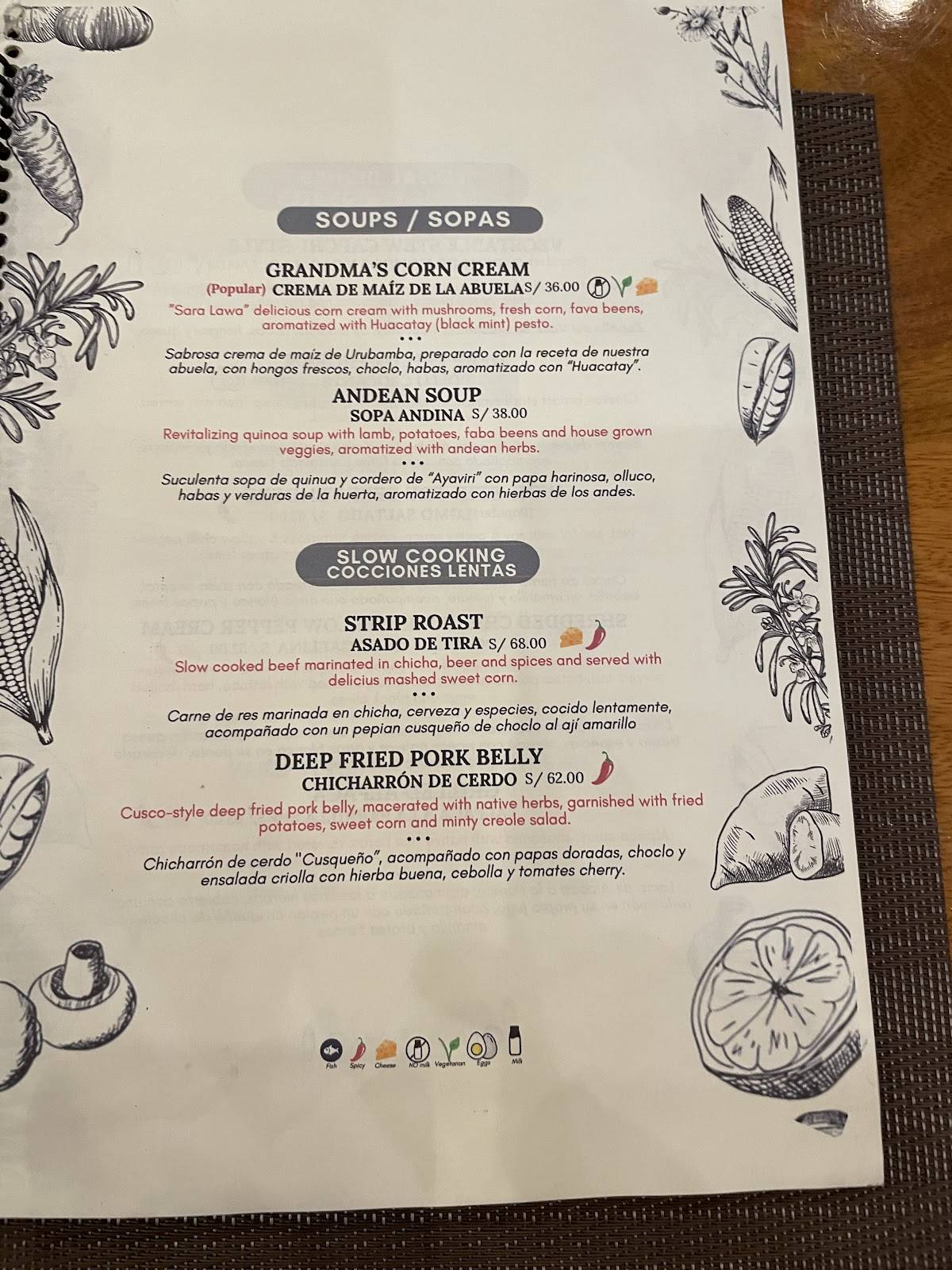Menu at Yaku Restaurant, Cusco