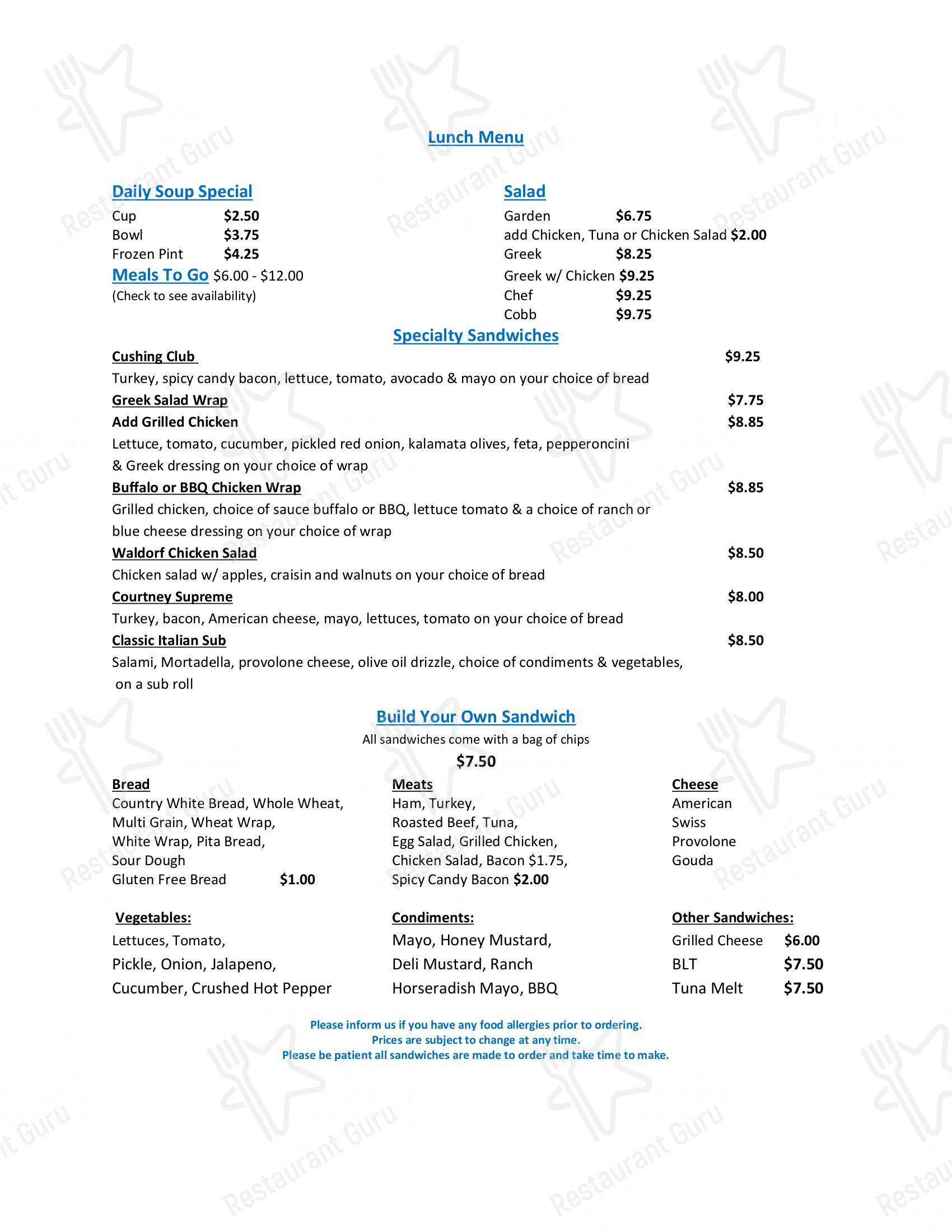 Menu at Cushing Cafe, Hanover, 120 Columbia Rd