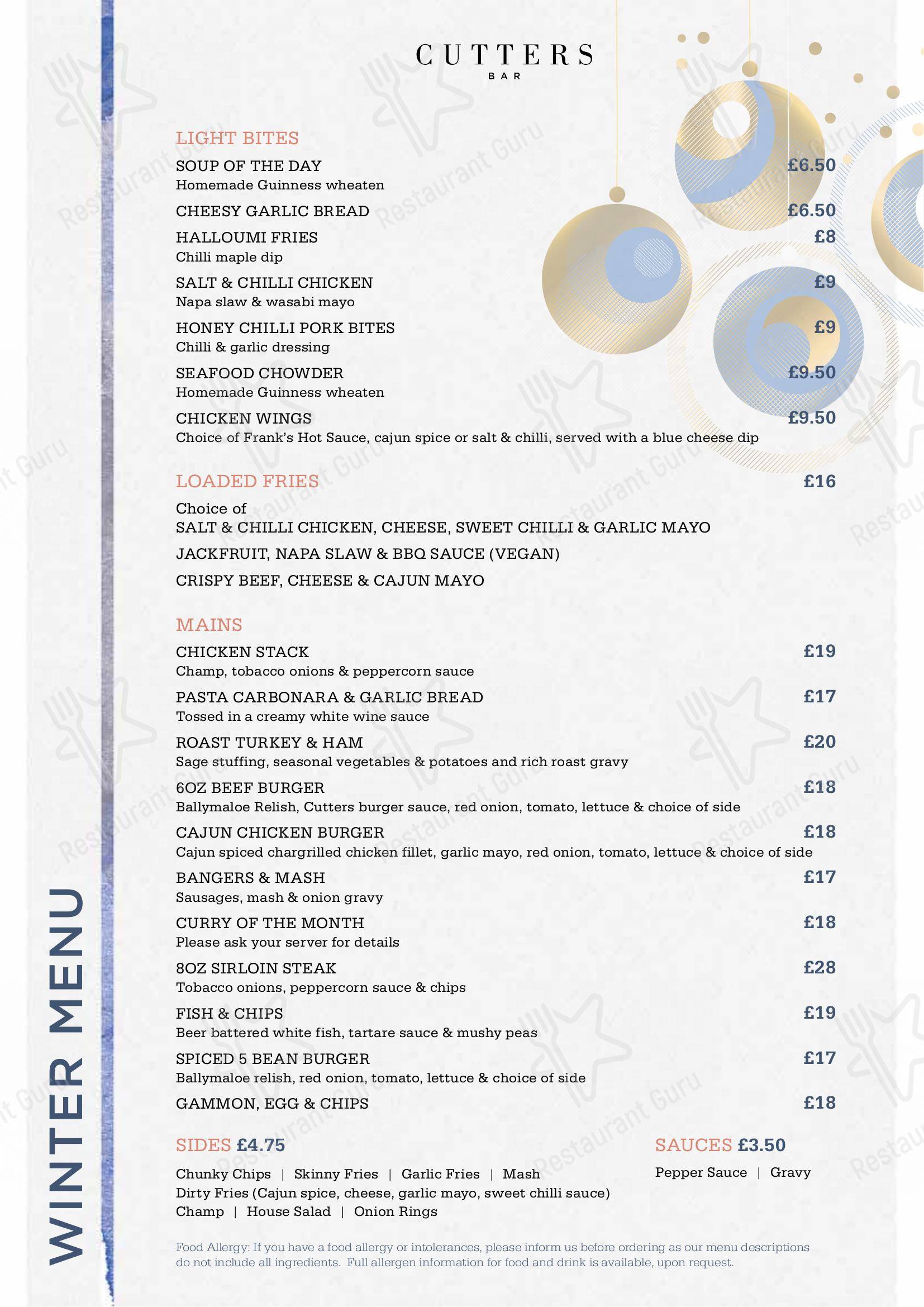Menu at Cutters Wharf pub & bar, Belfast