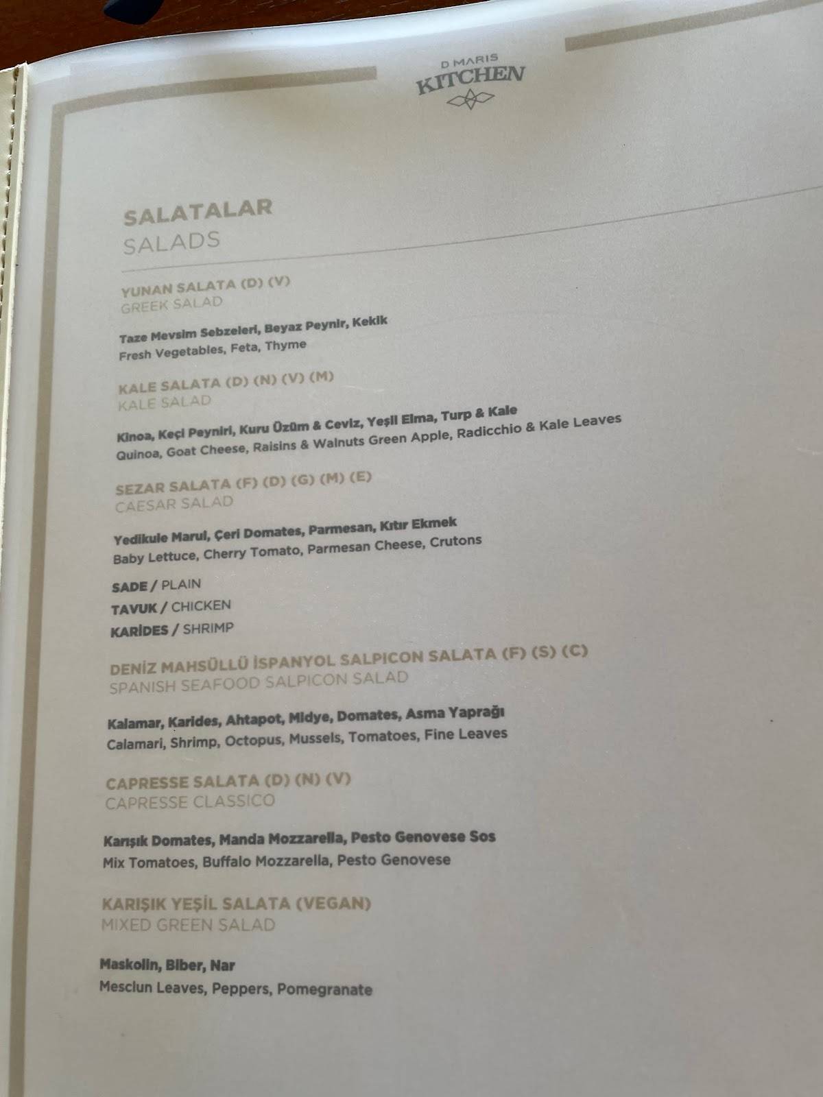 Menu at D Maris Kitchen, Turkey
