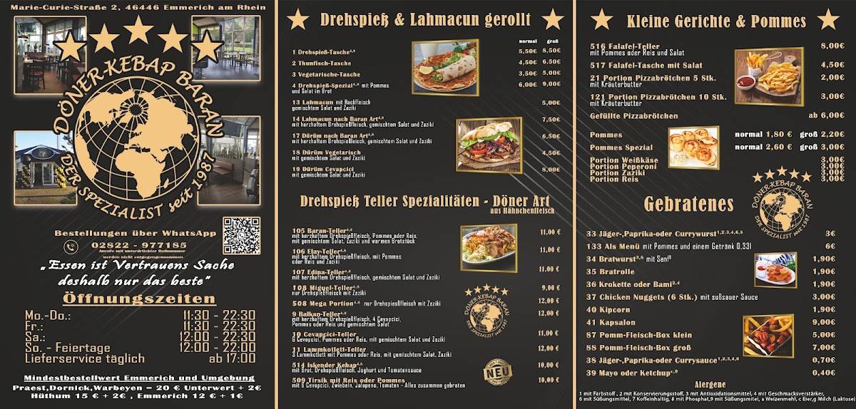 Menu at Döner Kebap Pizzeria Baran, Emmerich, Marie-Curie-Straße 2