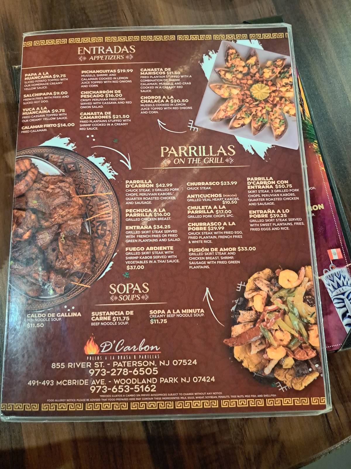 Menu at D'Carbon restaurant, Paterson, 855 River St