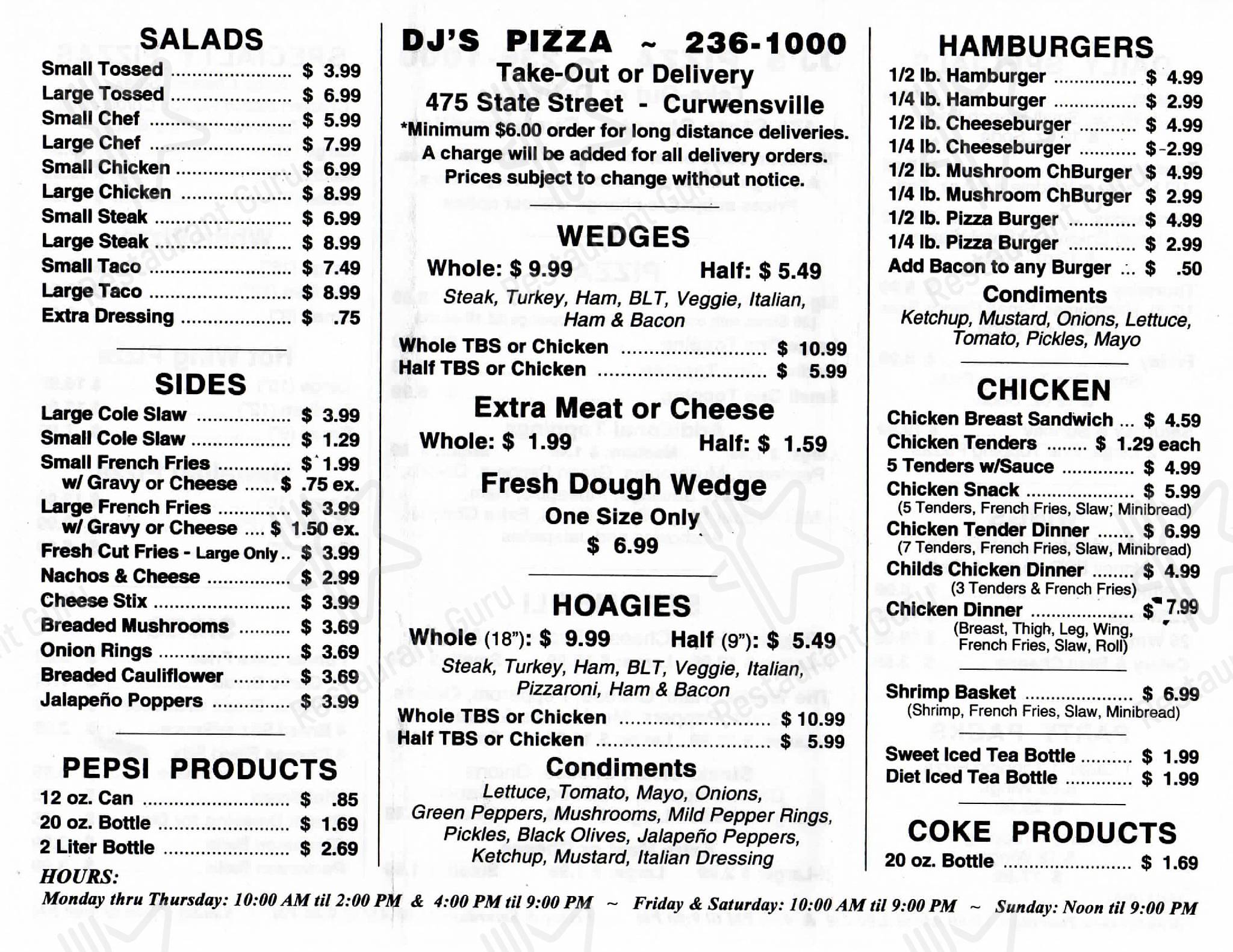 Carta de pizzería D J's Pizza, Curwensville