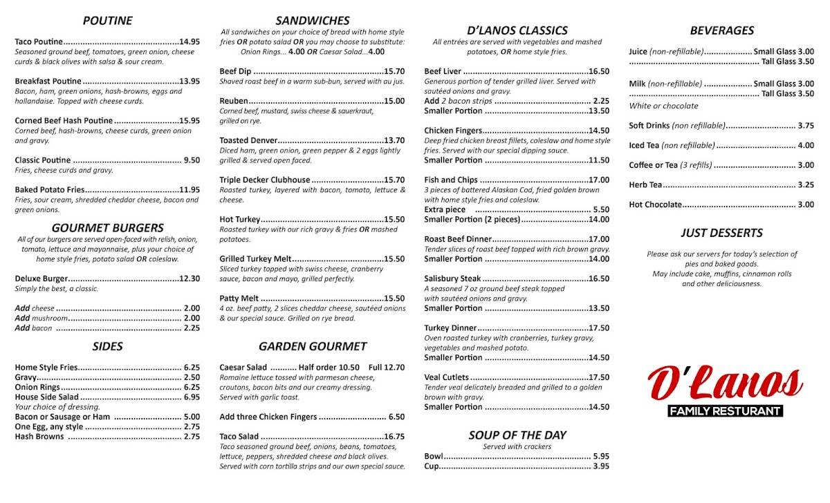 Menu at DLanos Family Restaurant, Prince George
