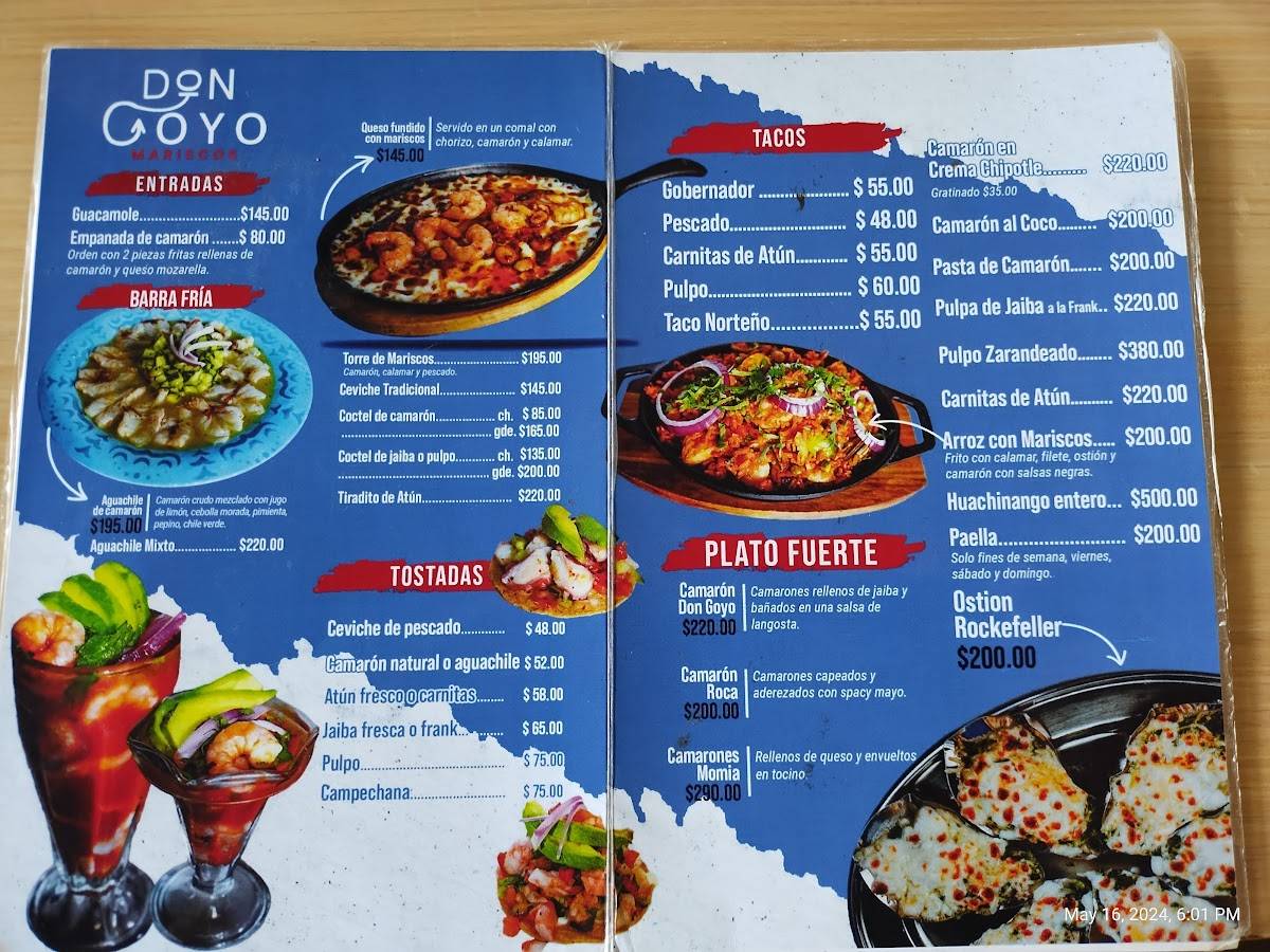 Carta del restaurante DON GOYO MARISCOS, Matamoros, Avenida División ...