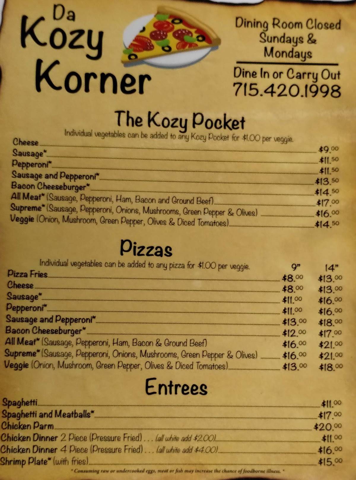 Menu at Da Kozy Korner pub & bar, Rhinelander, Lake Creek Rd