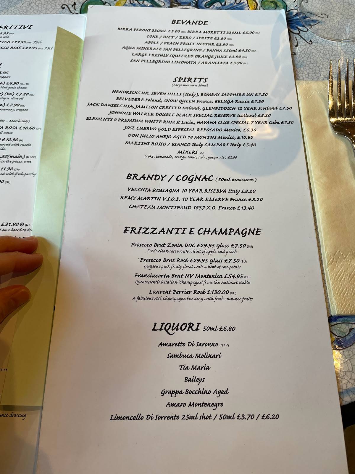 Menu at Da Mario Kensington restaurant, London, 15 Gloucester Rd