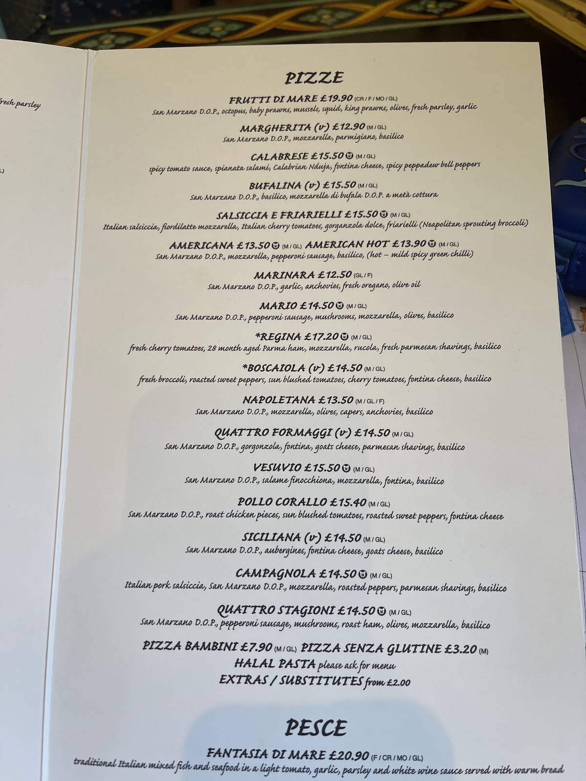 Menu at Da Mario Kensington restaurant, London, 15 Gloucester Rd