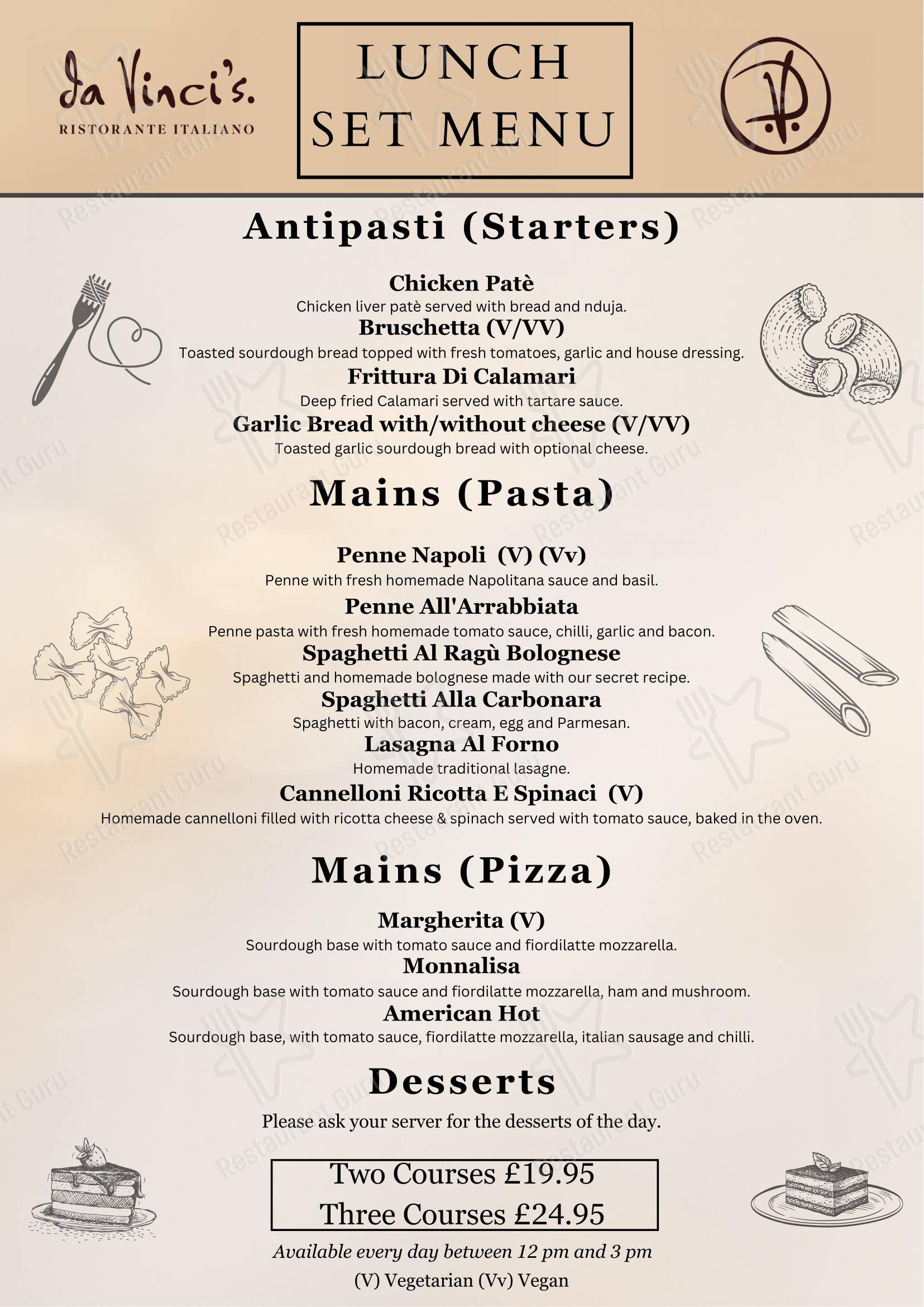 Menu at Da Vinci's Italian Restaurant, Poole, 7 The Quay