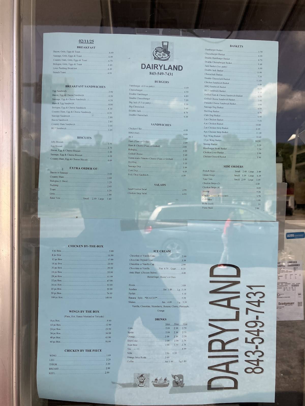 Menu at Dairy-Land restaurant, Walterboro