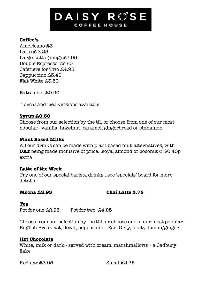 Menu at Daisy Rose Coffee House, Durham