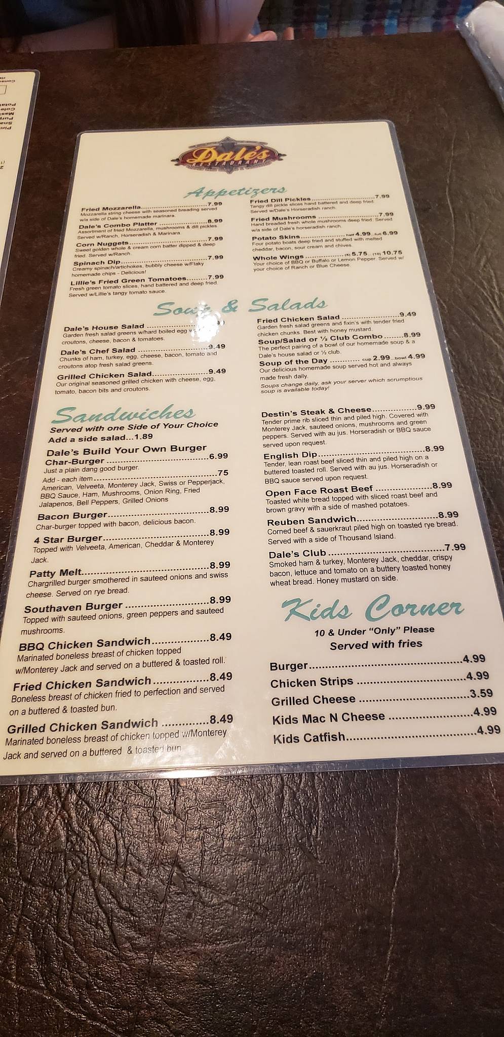 Menu at Dale's restaurant, Southaven