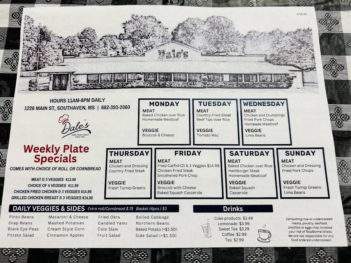 Menu at Dale’s restaurant, Southaven