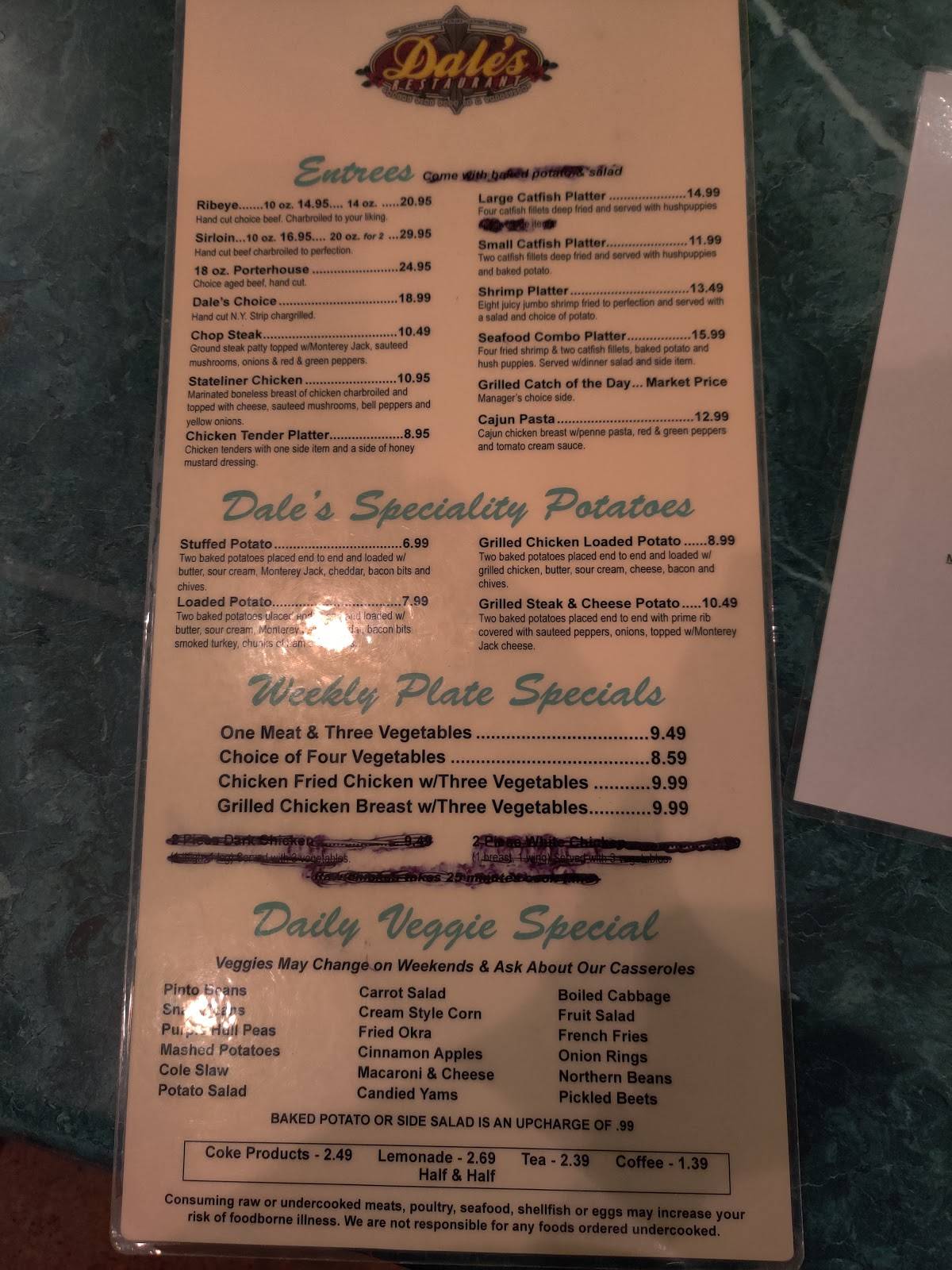 Menu at Dale's restaurant, Southaven