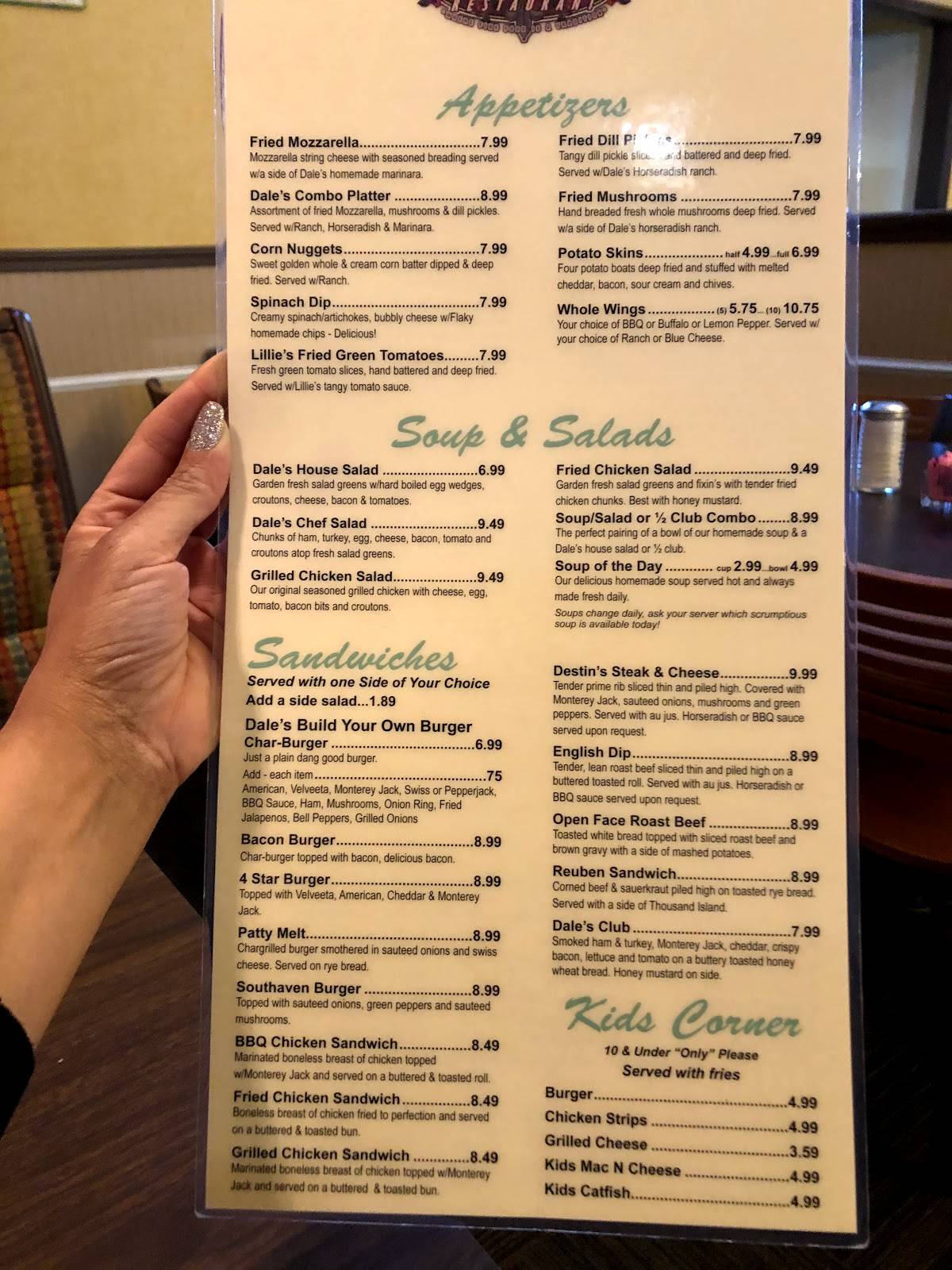 Menu at Dale's restaurant, Southaven