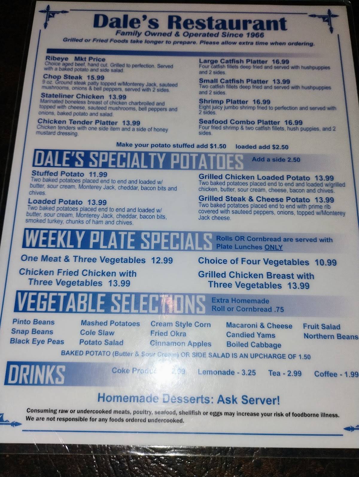 Menu at Dale's restaurant, Southaven