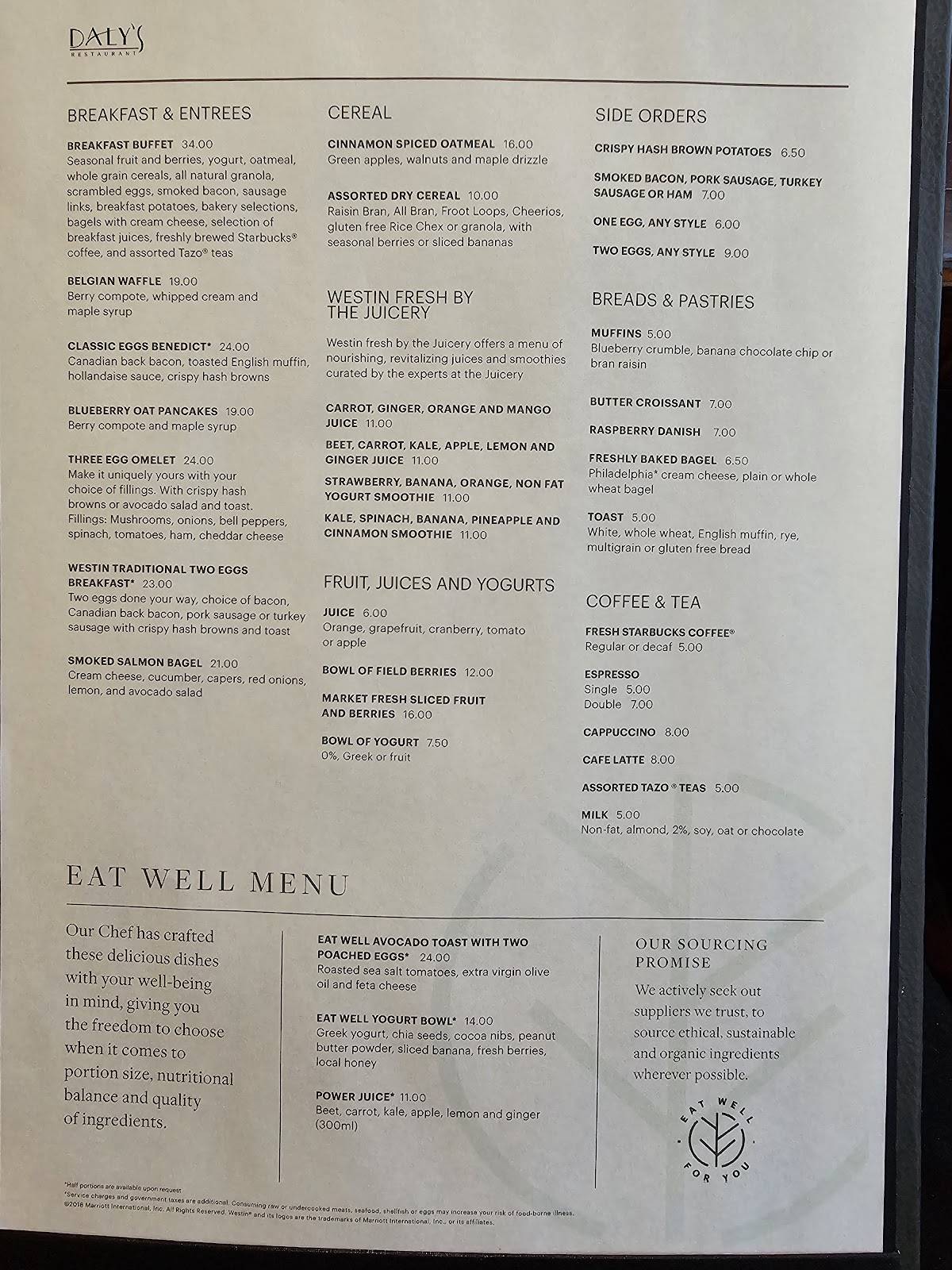 Menu at Daly's Restaurant, Ottawa