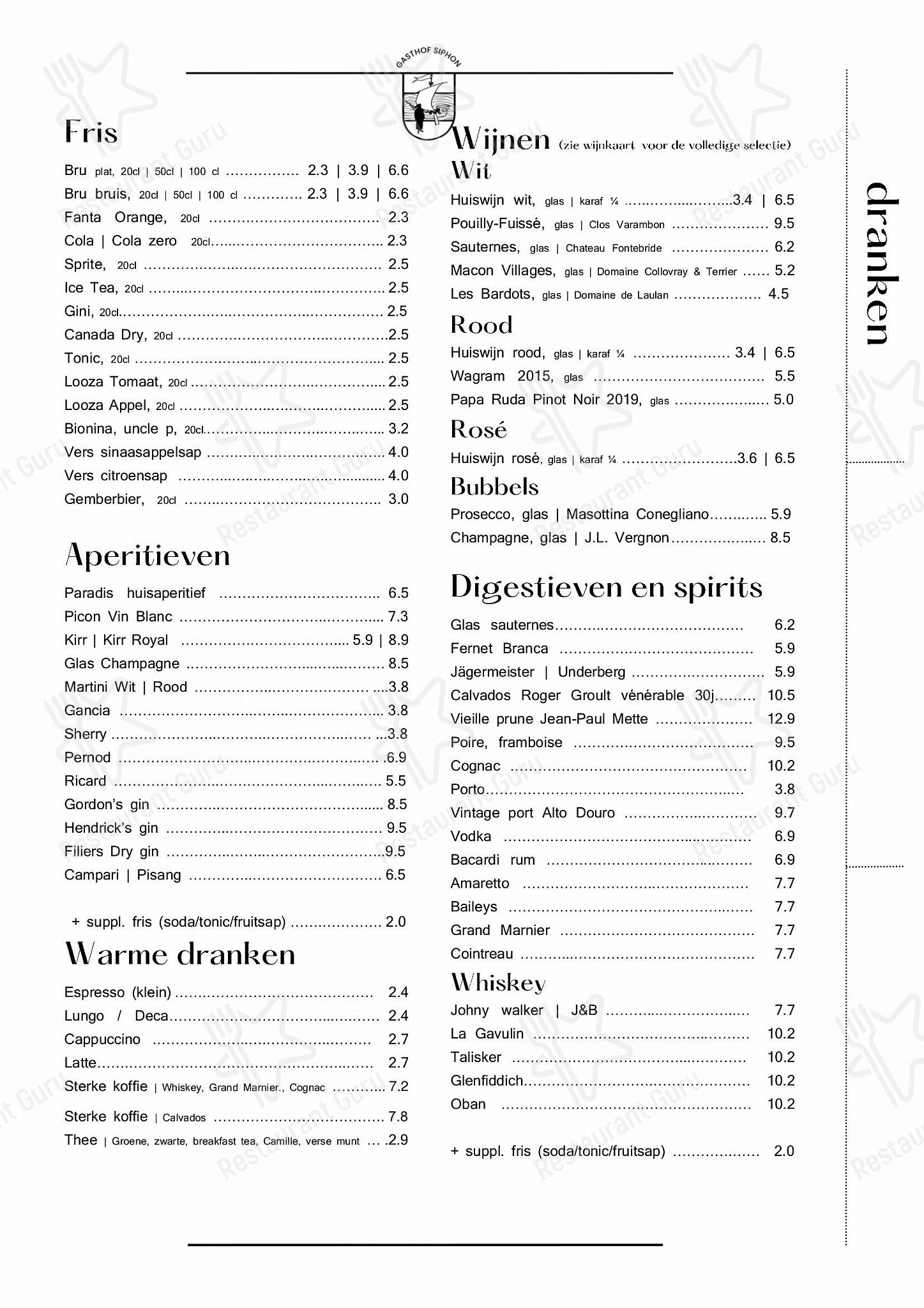 Speisekarte von Siphon, Damme