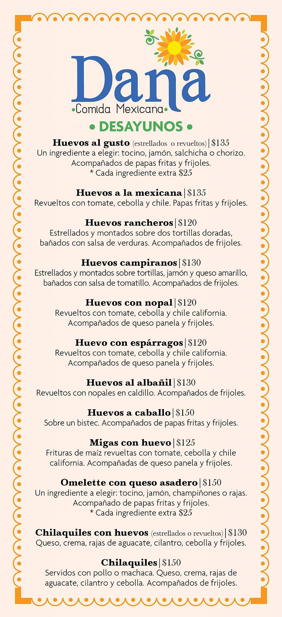 Carta del restaurante Dana Comida Mexicana, Mexicali