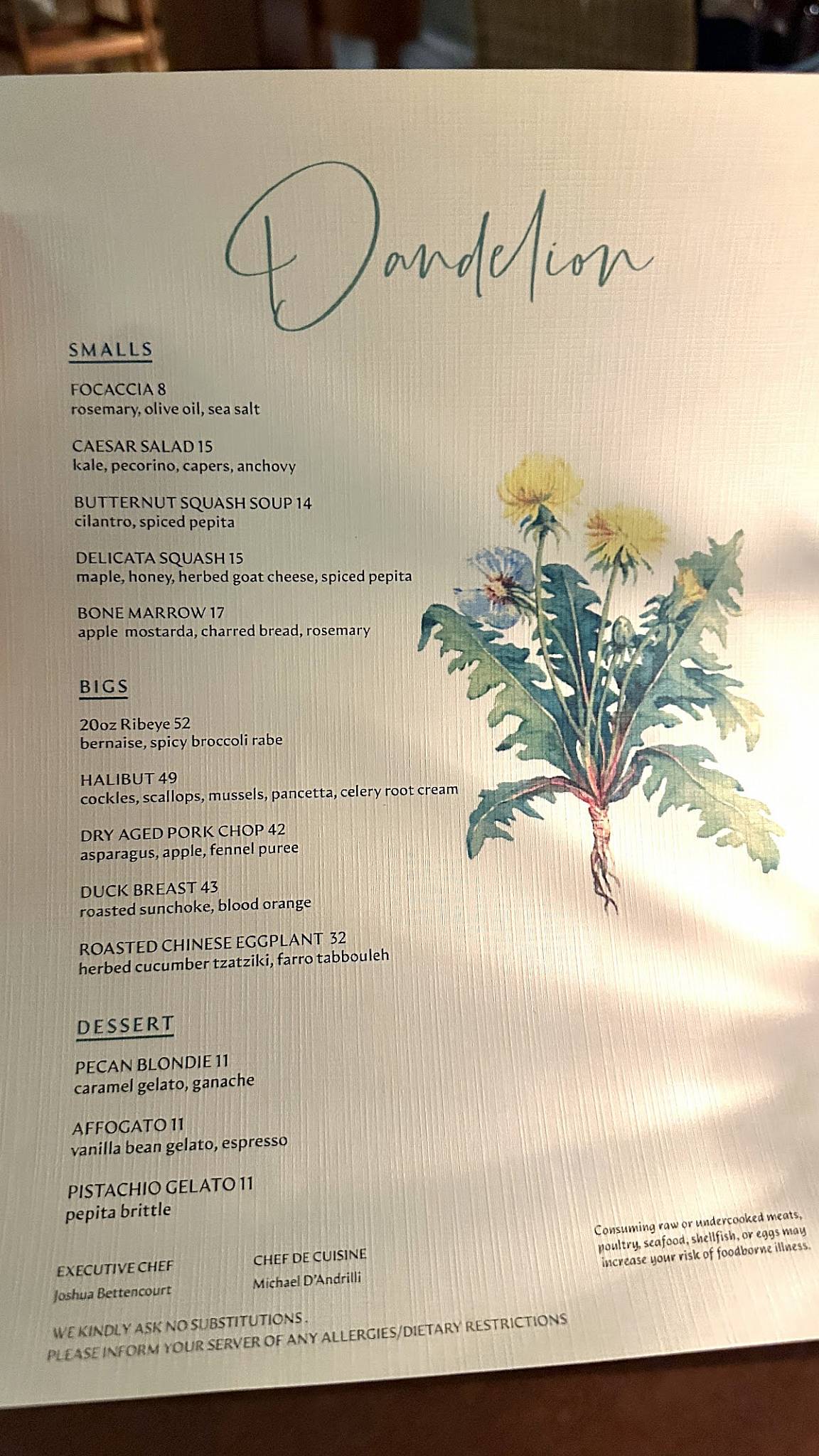 Menu at Dandelion - Restaurant, Big Indian