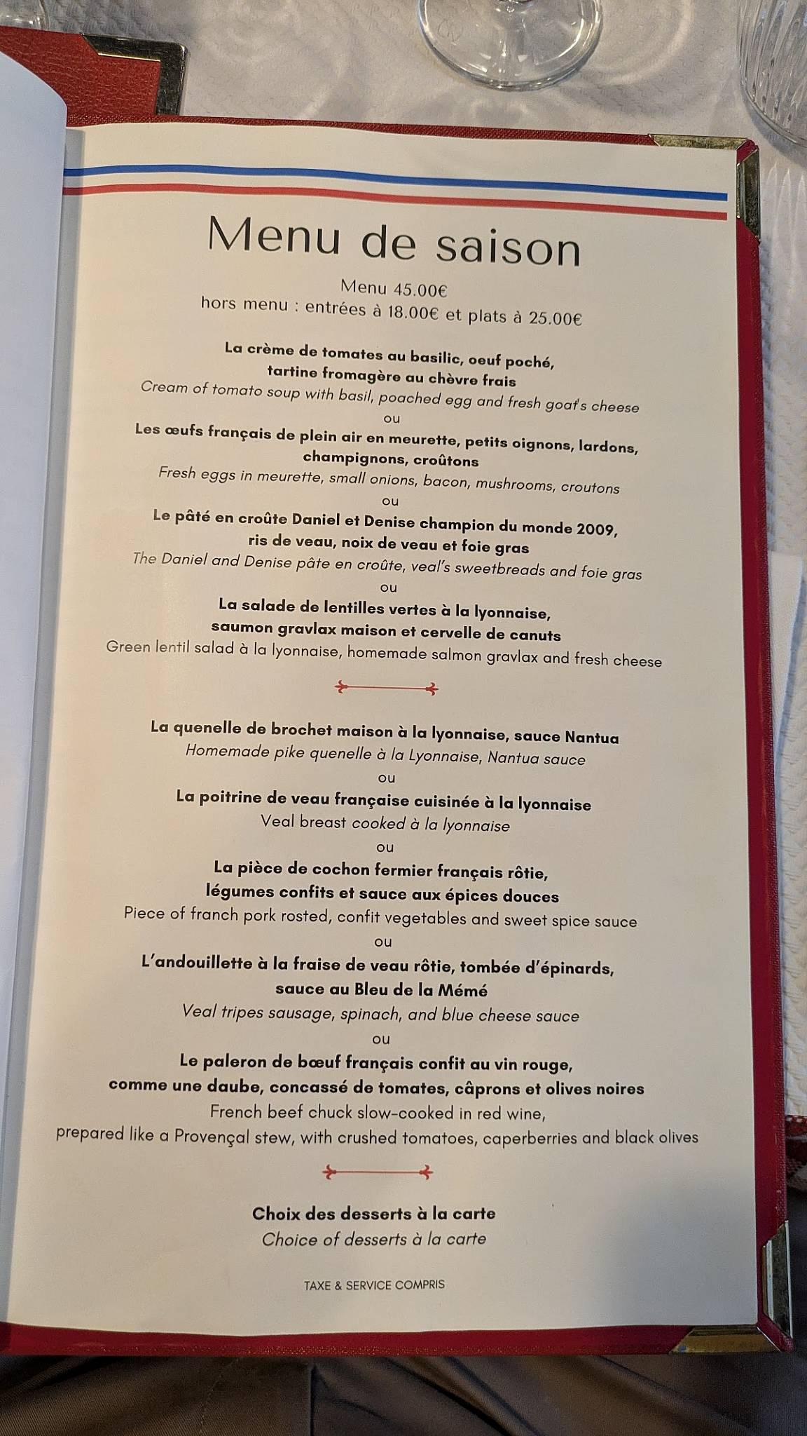 Menu at Daniel & Denise Saint Jean - Bouchon Lyonnais restaurant, Lyon