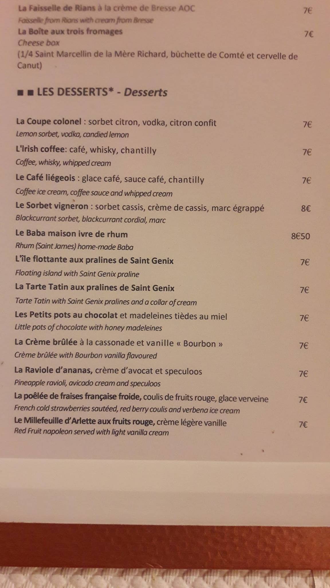 Menu au Daniel et Denise Créqui restaurant, Lyon