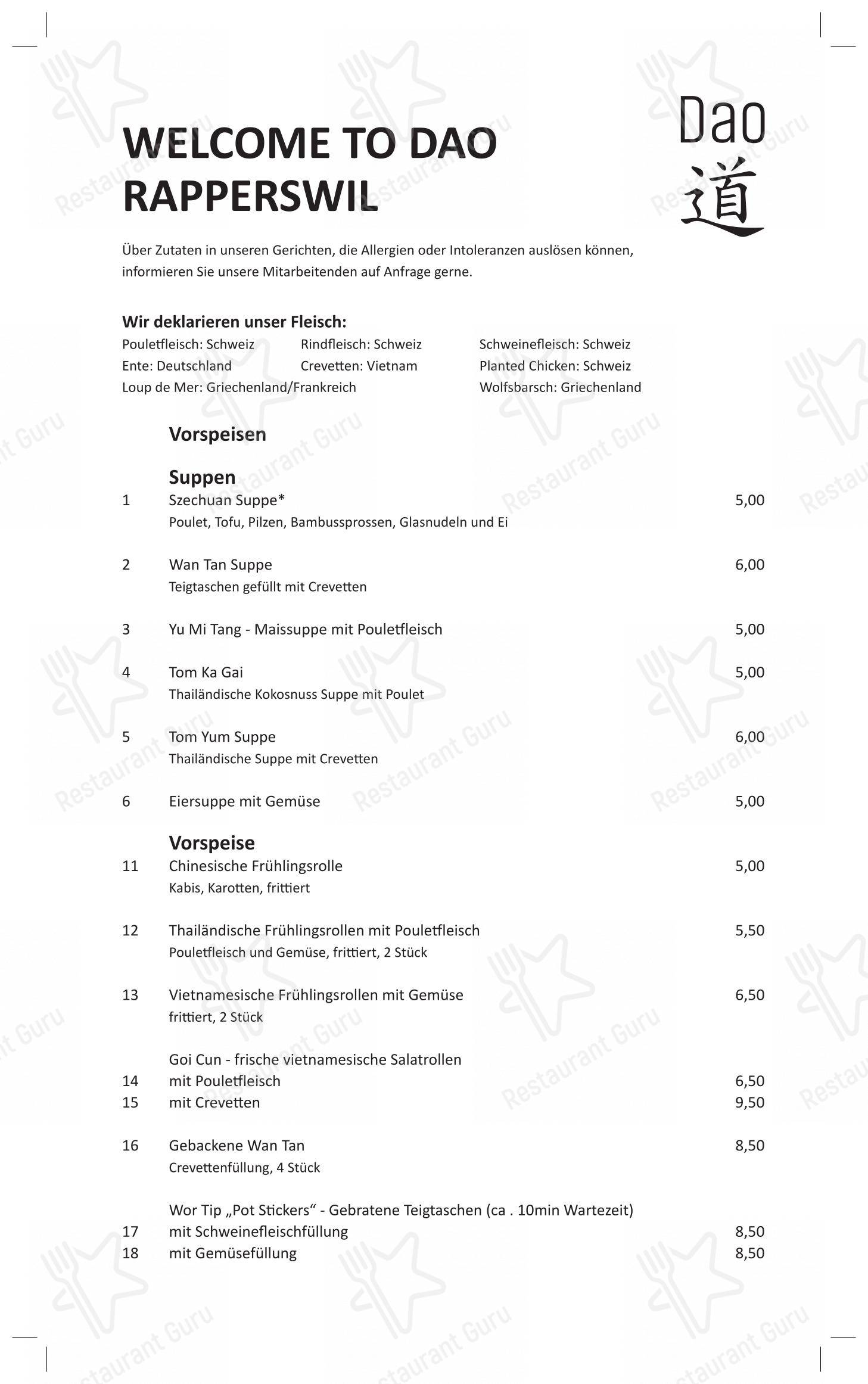 Menu at Dao, Aarau