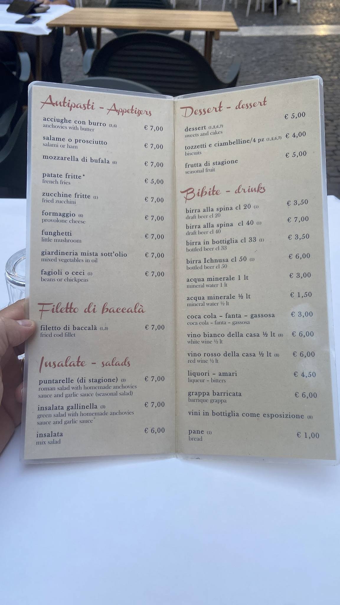 Menu au Dar Filettaro a Santa Barbara, Rome