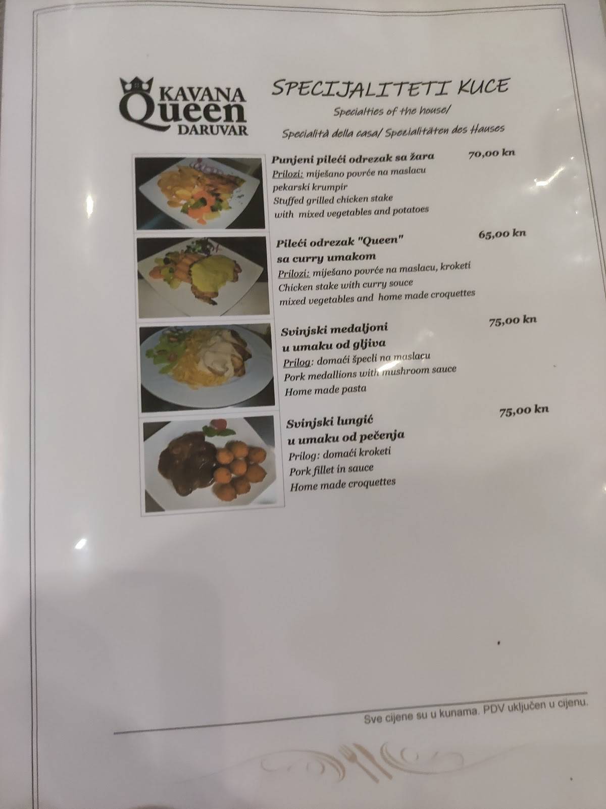 Menu at Kavana Queen restaurant, Daruvar, Ul. Petra Svačića 14