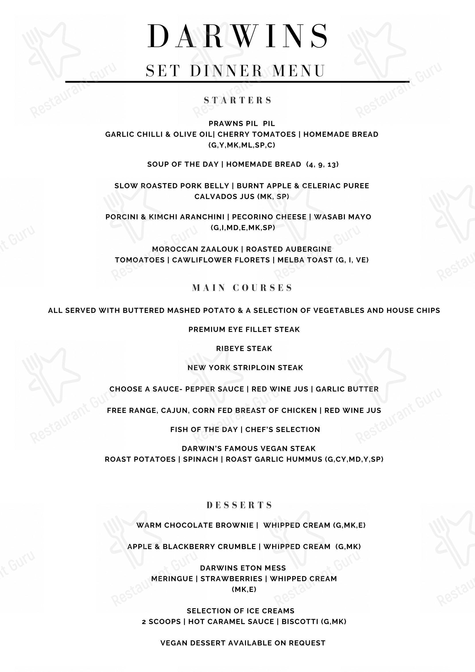 Menu at Darwins Restaurant, Dublin